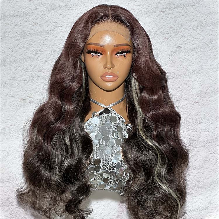 White Highlights On Colored Human Hair Wigs Wavy Hair Wig With White ...