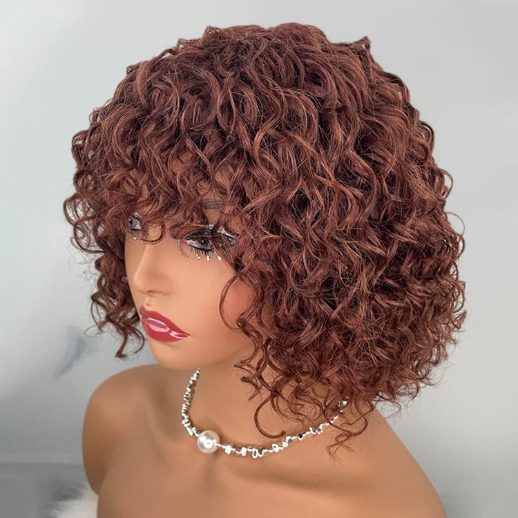 Chestnut Brown Wig Short Curly Wigs With Bangs Glueless Lace Closure ...