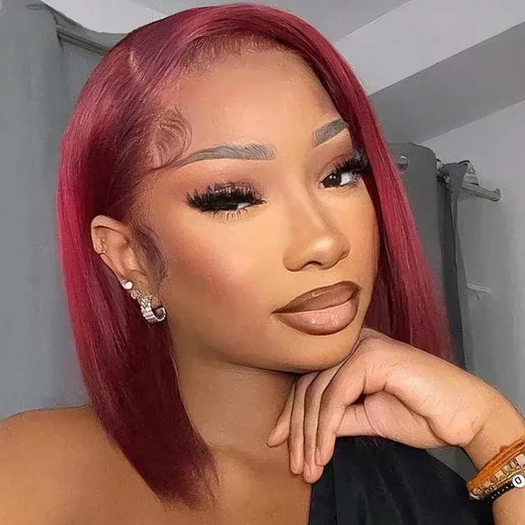 Shoulder Length Burgundy Bob Wig Middle Part Straight Human Hair Wig ...