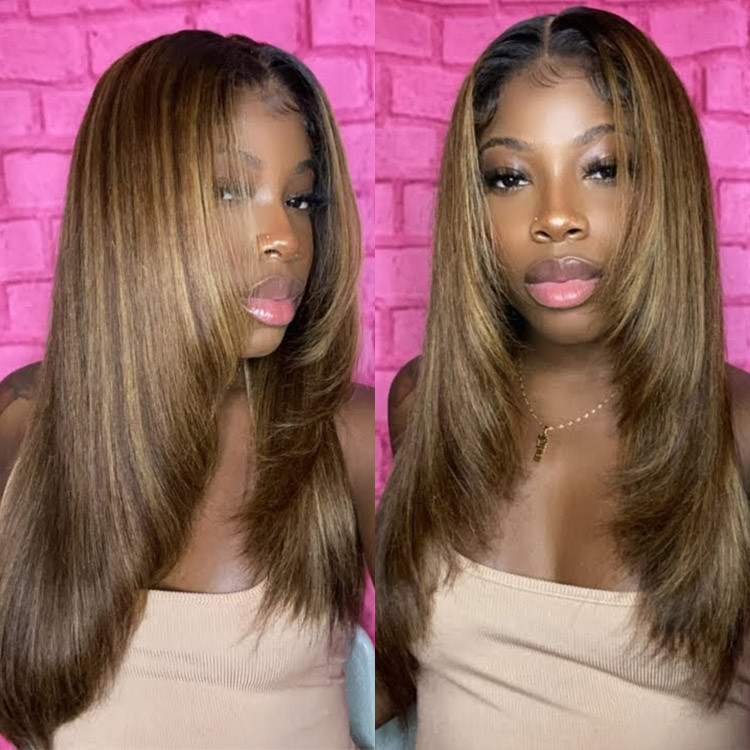 Layered Wig Highlight Wig Brown Straight Lace Front Wig With Highlights ...