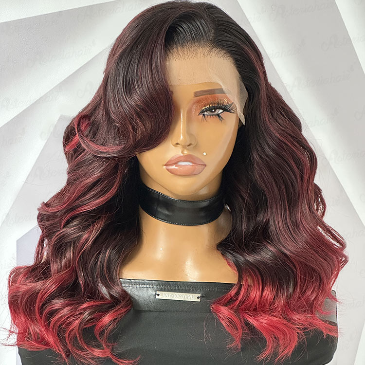 Balayage Wig Burgundy Human Hair WigSide Part Wave Closure Wig -Asteriahair