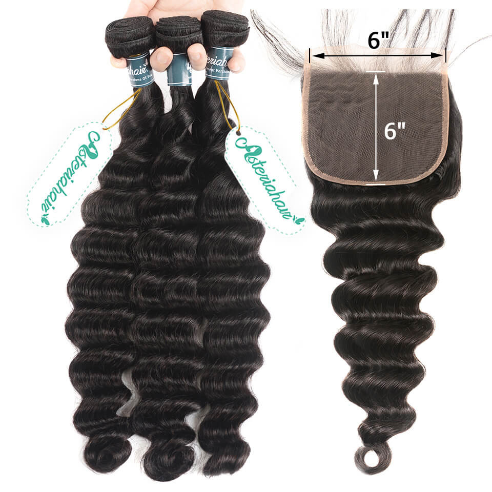 Loose Deep Wave 6x6 Closure With Weaves 3 Bundles -Asteriahair