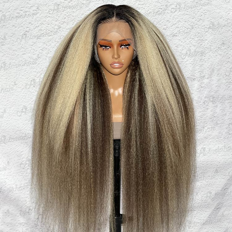 Fluffy Brown Blonde Balayage Wig Kinky Straight Wig Pre Plucked Lace ...